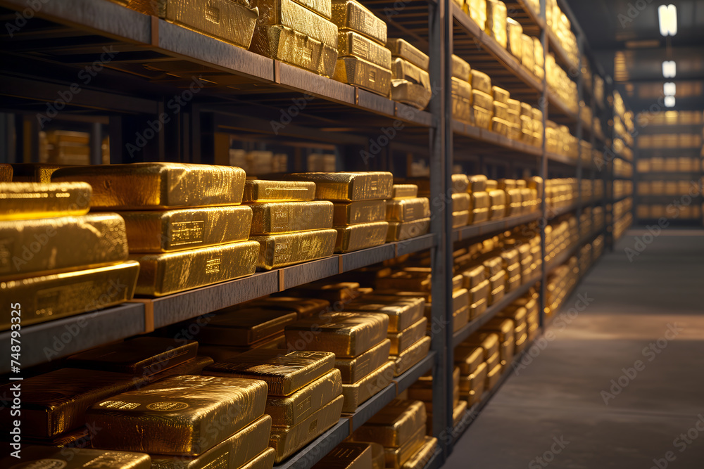 Generic gold reserve vault with stacks of gold bars. Neural network ...