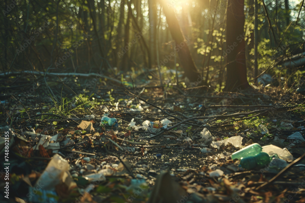 Litter in forest depicts the harsh reality of pollution. Stock Photo ...