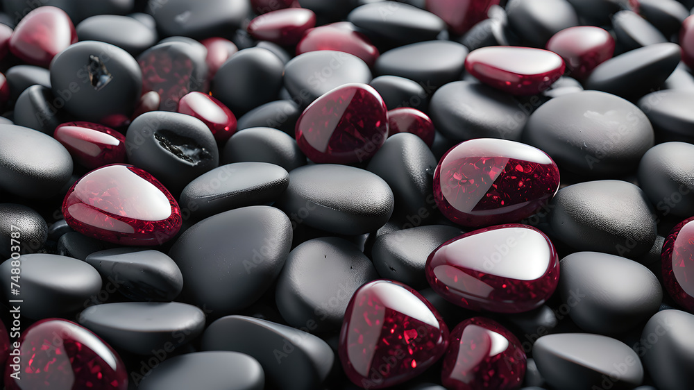 Pattern texture of black matte smooth and shiny red beach pebbles ...