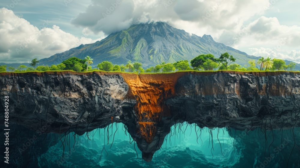 Cross-sectional of a volcanic island, showing the magma chamber ...