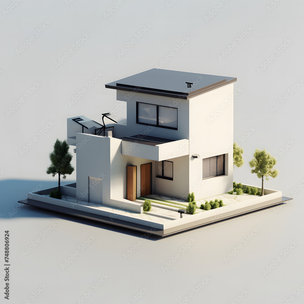 3D model of a modern two-story house. The house features a sleek design ...