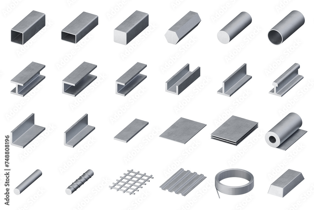 Steel products isometric icon set. Set of metal products, steel angle ...