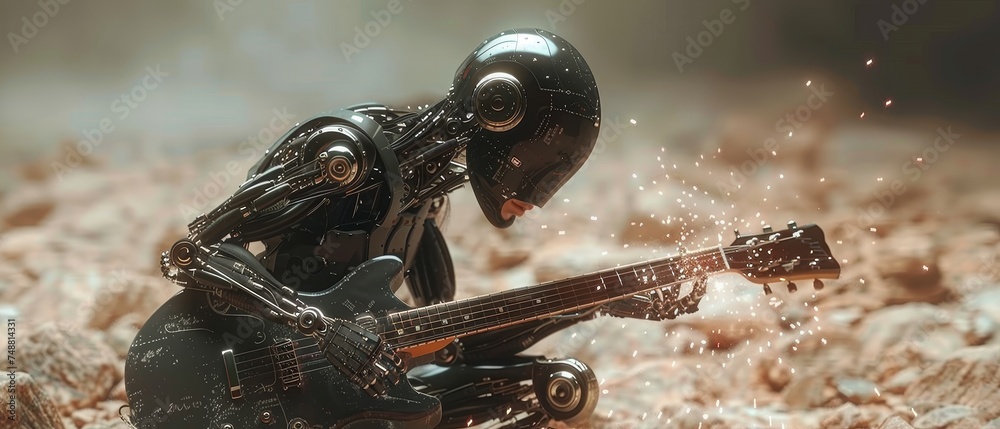 Cyborg rock musician kneeling performs rock music and knocks out sparks ...