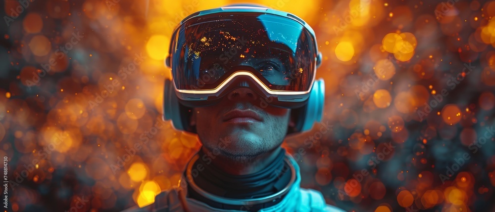 A man wearing a futuristic VR headset looking up at a virtual ...