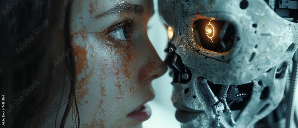 Artificial intelligence with scary face on screen phone. Head chat bot ...