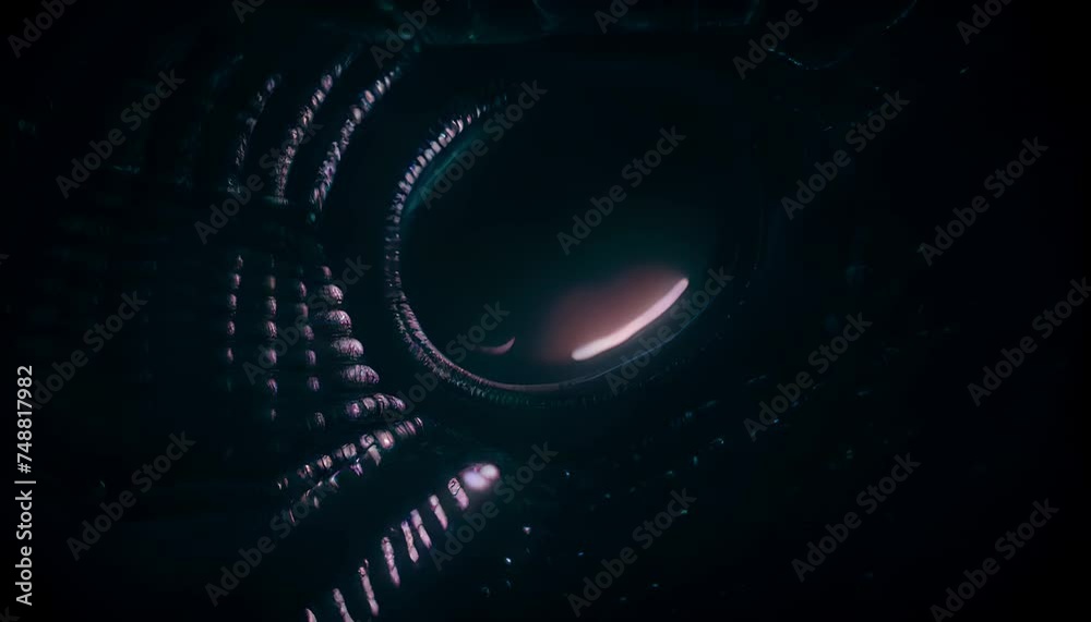 Winding passage of neon lights inside an alien spaceship. Moving ...