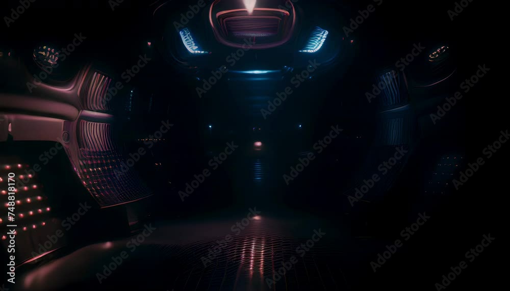 Inside alien spaceship. Interion of a sci-fi spacecraft in dark tones ...