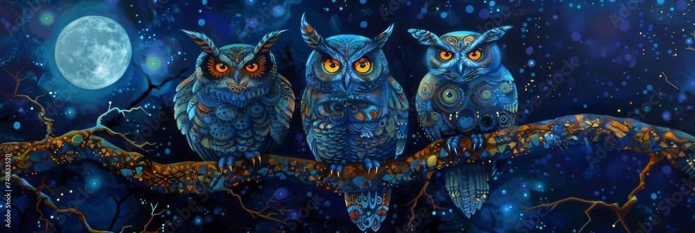 Owls perched on a branch under a full moon - A fantastical gathering of majestic owls perched ...