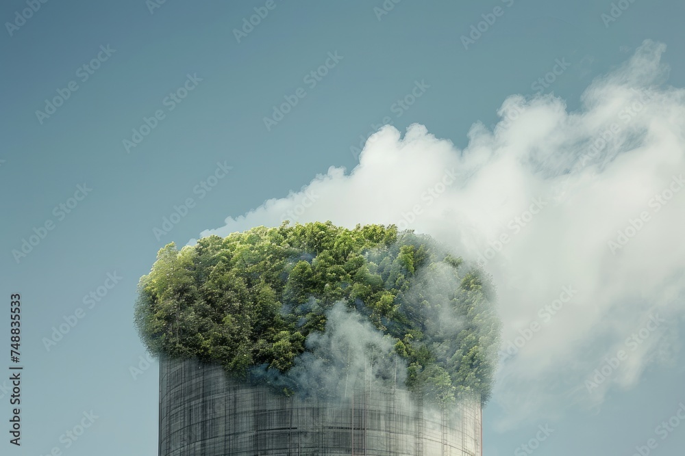 Cooling tower releasing steam with green leaves superimposed ...