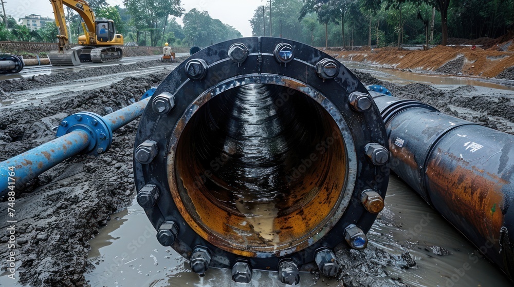 Construction workers laid water system pipeline at construction site ...