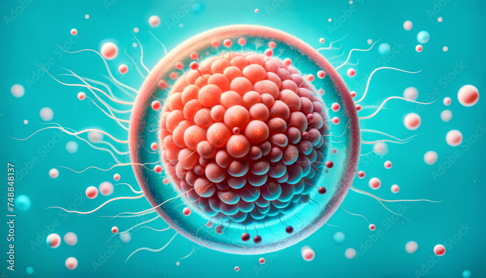 Human embryonic morula stage under microscope. Fertilized egg, Morula stage. Human embryonic ...