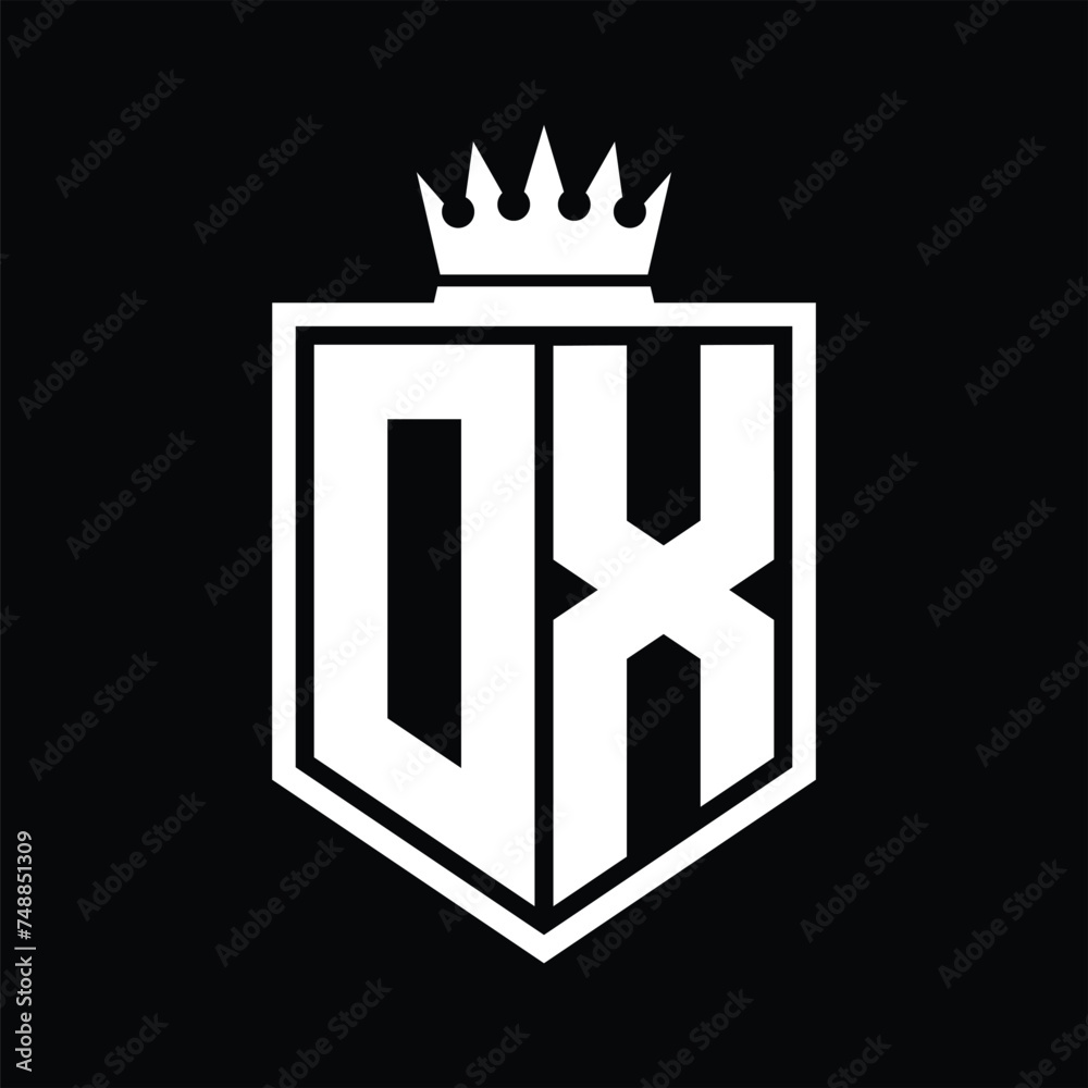DX Logo monogram bold shield geometric shape with crown outline black and white style design ...