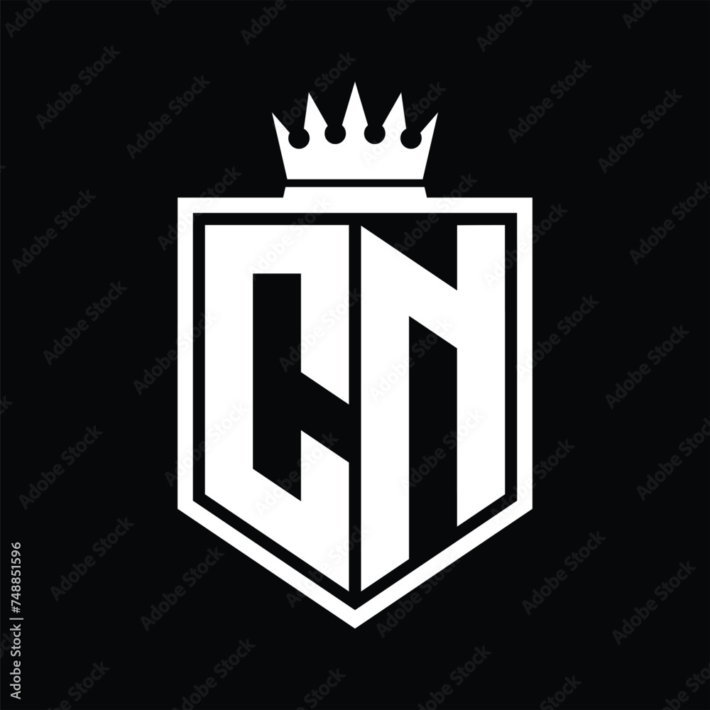 CN Logo monogram bold shield geometric shape with crown outline black and white style design ...