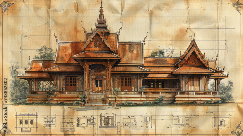 a construction blueprint in an exploded schematic style depicting ...