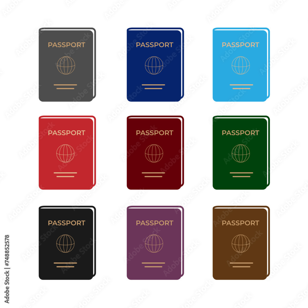 Set of passports of different cover colour. Nationalities and countries ...