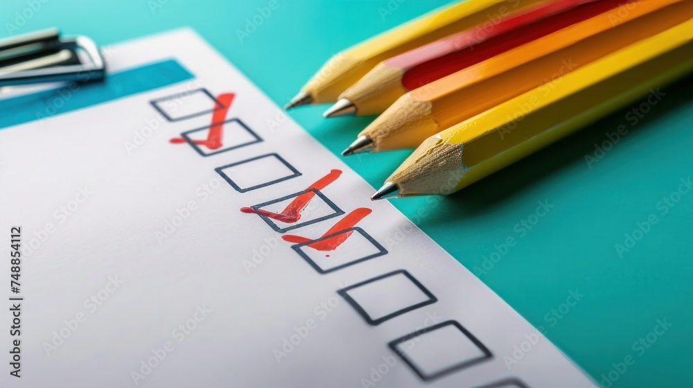 Marking on checklist box. Checklist concept. Color background Stock ...