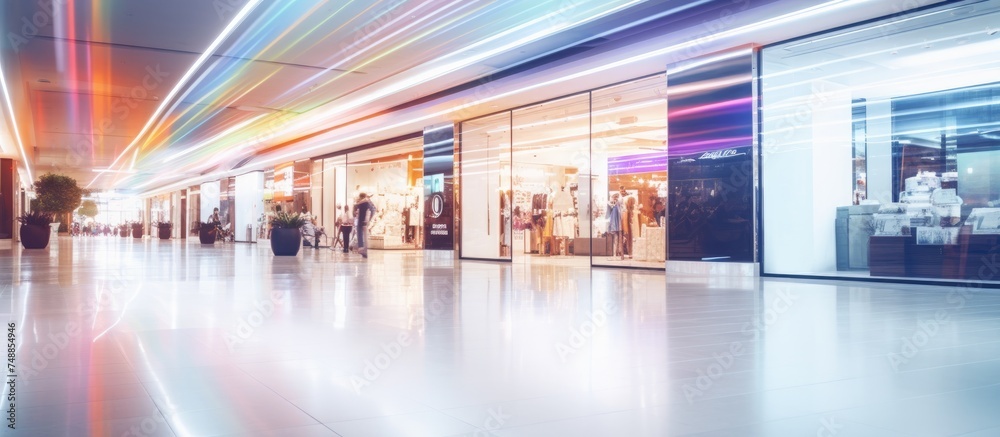 This long exposure shot captures a bustling scene in a shopping mall ...