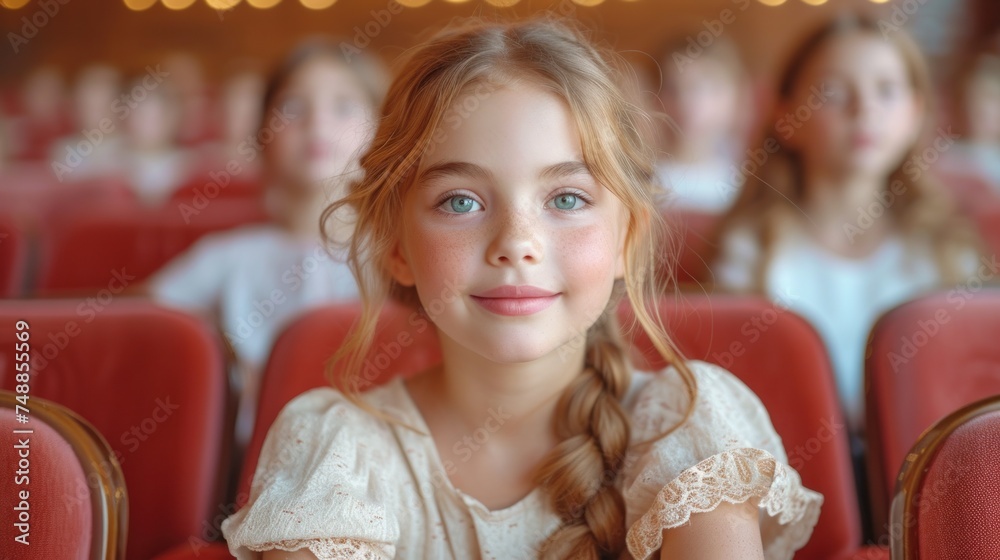 A Young Girl Smiling in the Theater Seats, Little Girl Posing for a ...
