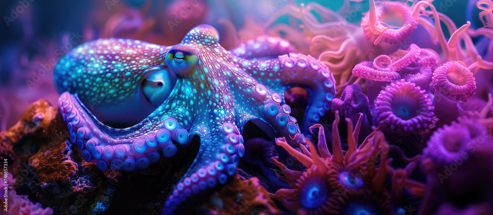 Octopus with neon violet and pink marbled skin moves among coral in an ...