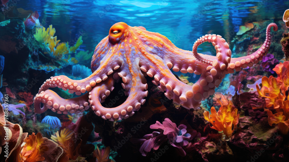Octopus with neon violet and pink marbled skin moves among coral in an ...