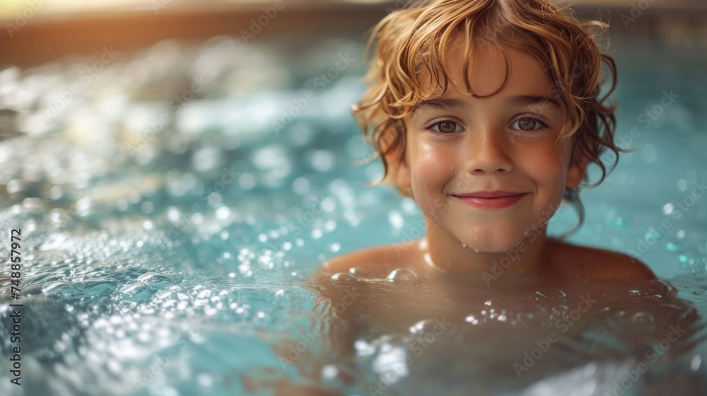 Smiling Boy in Swimming Pool, Little Boy Enjoying a Swim, Happy Child ...
