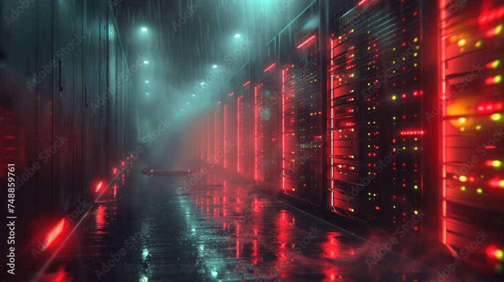 Wide-Angle Panorama Shot of a Working Data Center With Rows of Rack Servers. Red Emergency Led ...