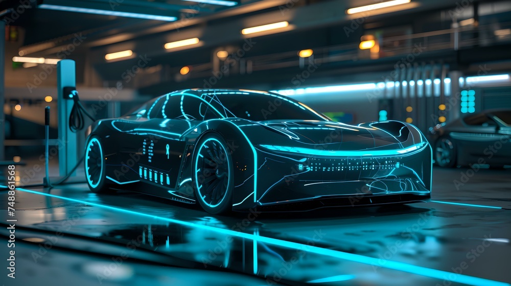 Futuristic electric sports car charging at a docking station. blue neon ...