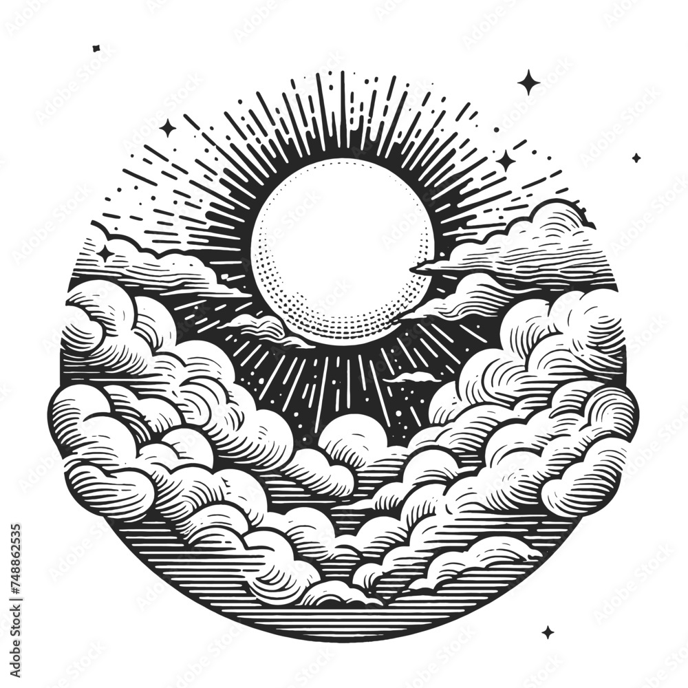 sun with radiating beams and clouds sketch engraving generative ai ...