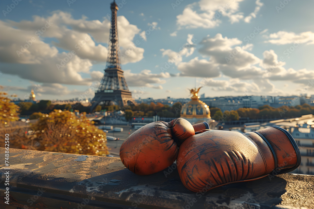 Foto de Boxing gloves on the parapet against the backdrop of fictional ...