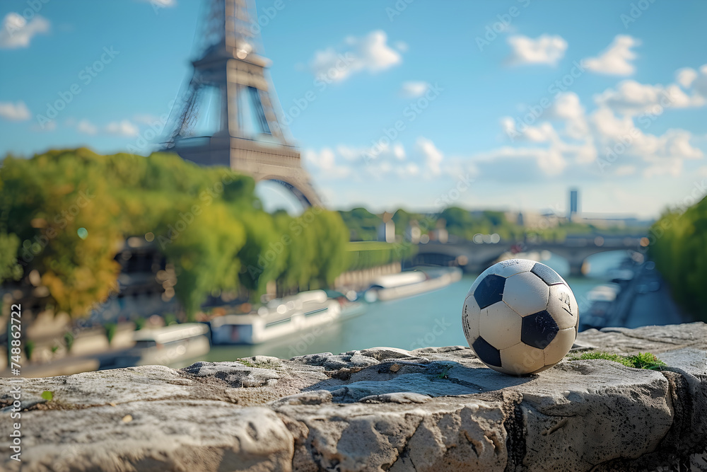 A soccer ball on a parapet against the backdrop of fictional views of ...