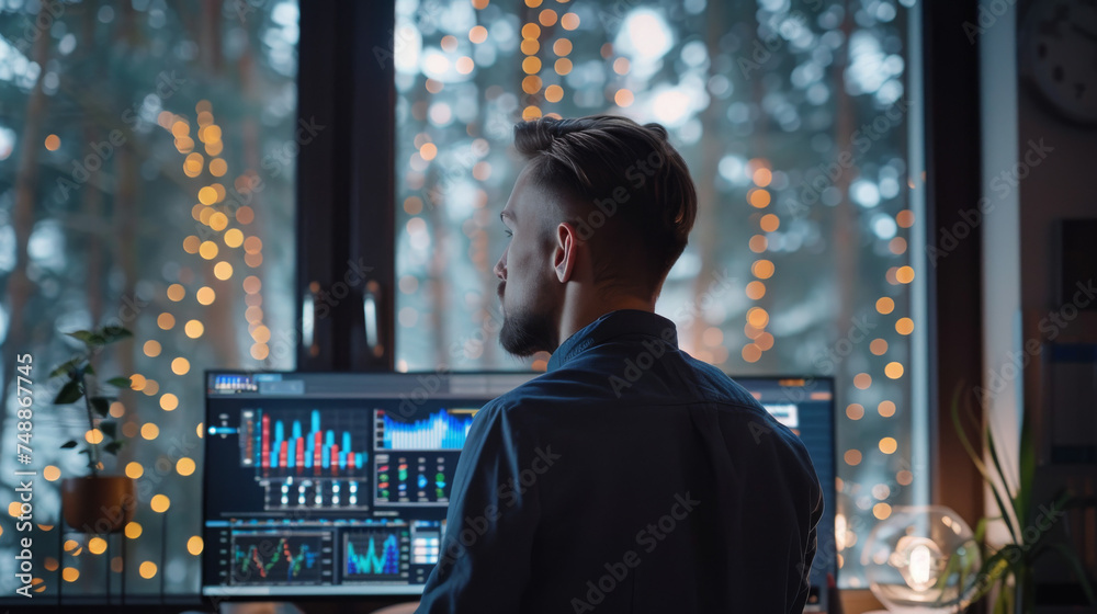 Analytical professional at an advanced trading terminal with intricate ...