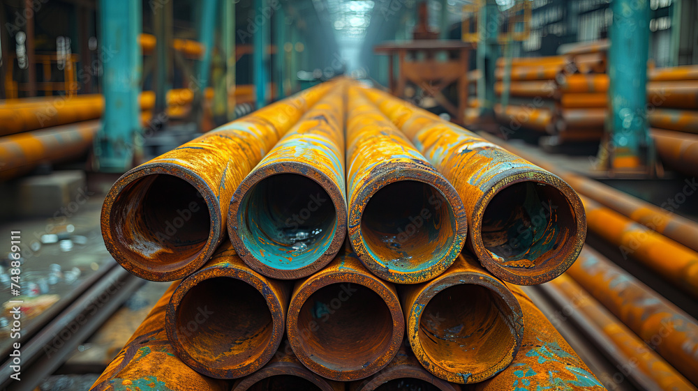 Stack of steel pipes in a metallurgical plant, factory or workshop ...