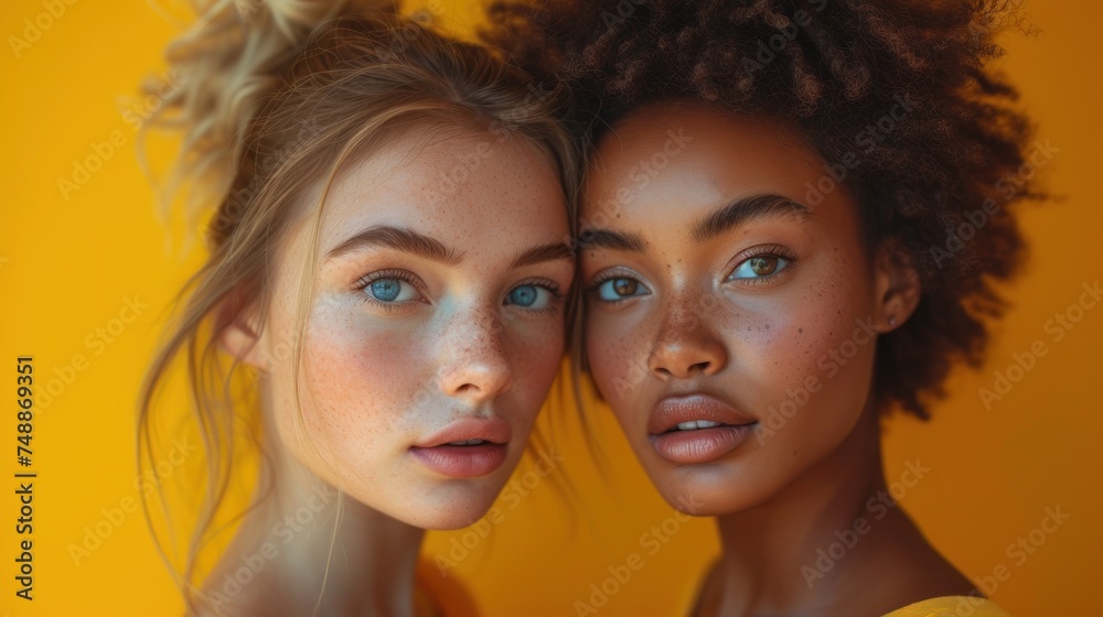 Two Smiling Women with Blue Eyes., Golden Background and Two Beautiful ...