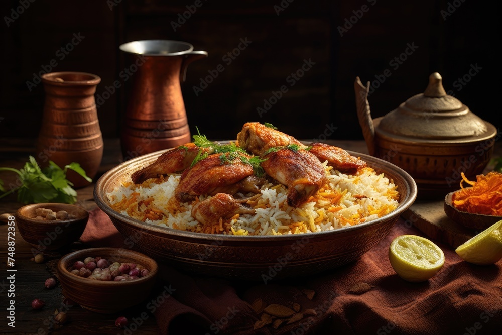 Vibrant hues dominate this photo of Chicken Mandi, the golden rice ...