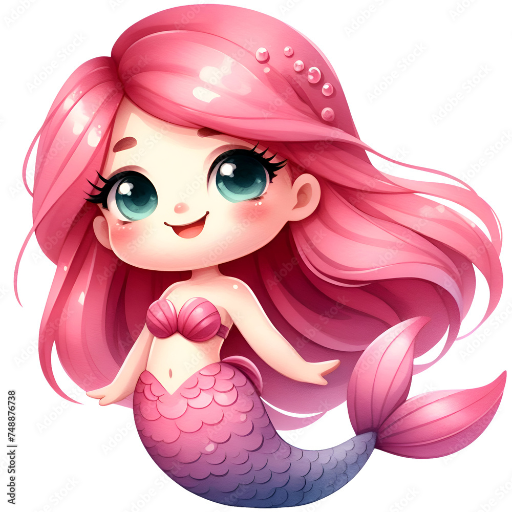 Watercolor Cute Cartoonish Pink Mermaid, Underwater Mermaid PNG Clipart ...