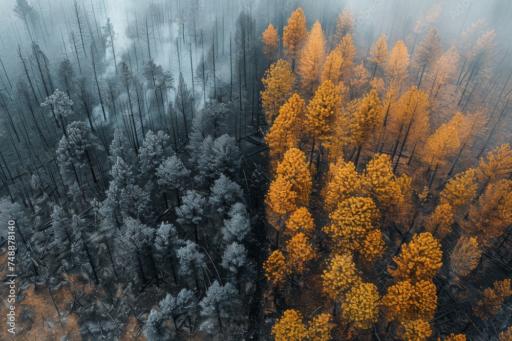 Before and after aerial view of wildfire damage in a dense forest Stock ...