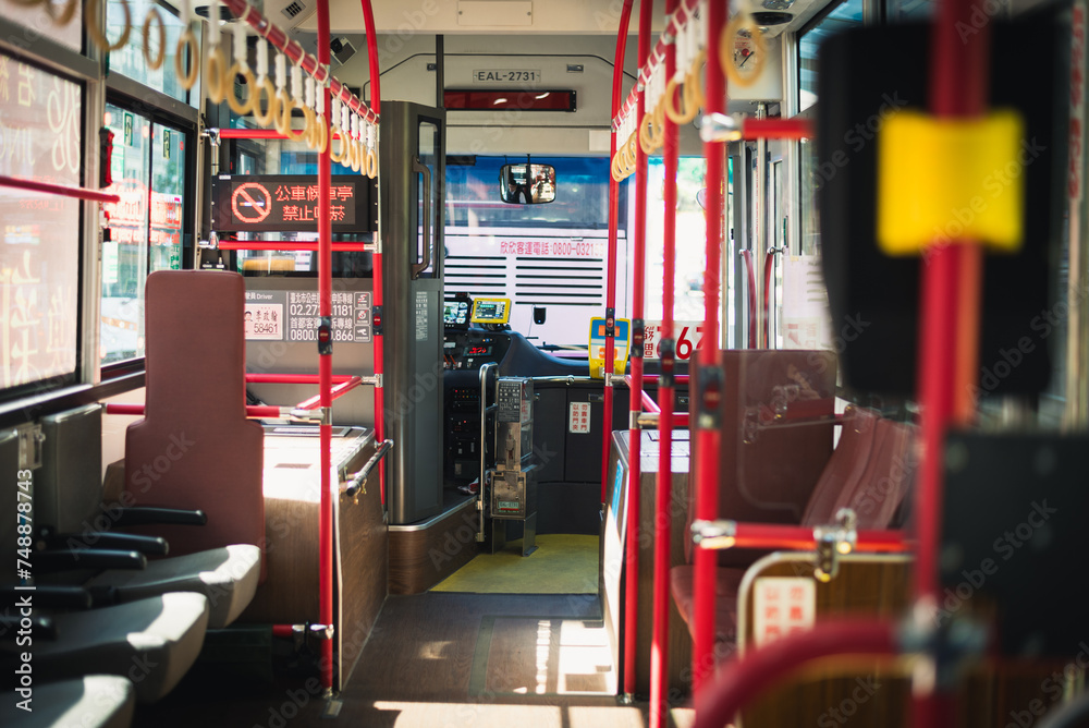TAIPEI, TAIWAN - FEB 3, 2024 - Inside of shuttle bus in Taipei, Taiwan ...