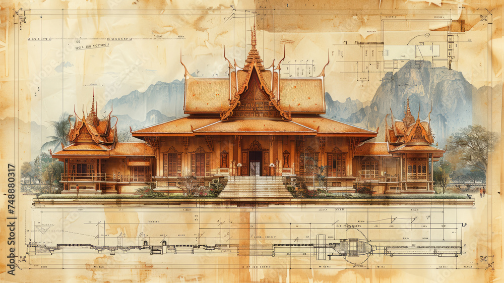 a construction blueprint in an exploded schematic style depicting ...