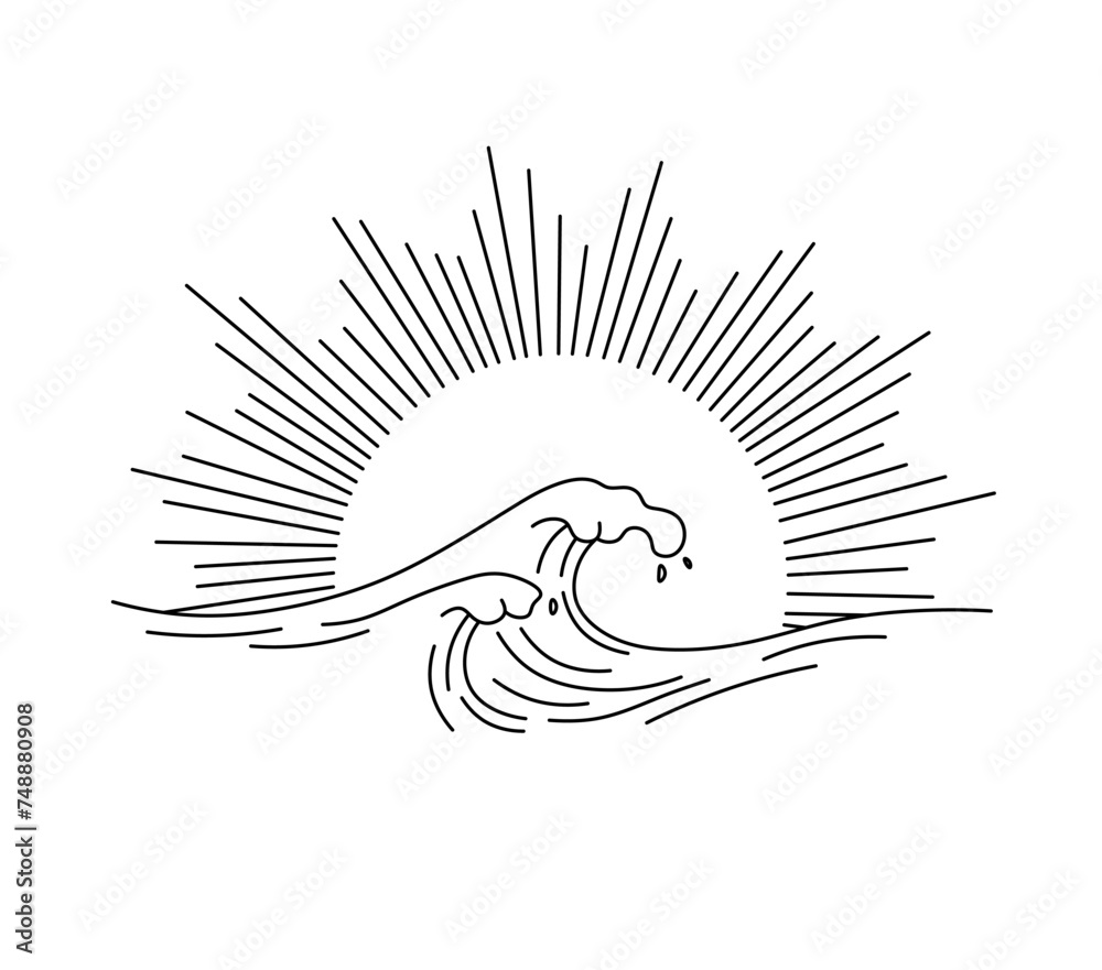 Vector isolated sun and waves landscape colorless black and white ...