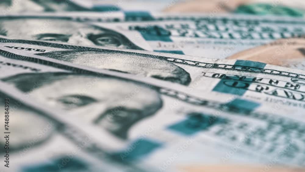 Pile of hundreds American US dollar bills slowly rotating close-up ...