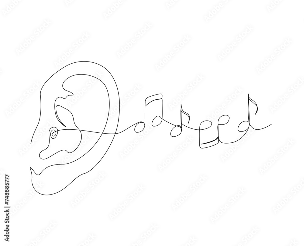 Vecteur Stock Continuous line art drawing of human ear with music notes ...
