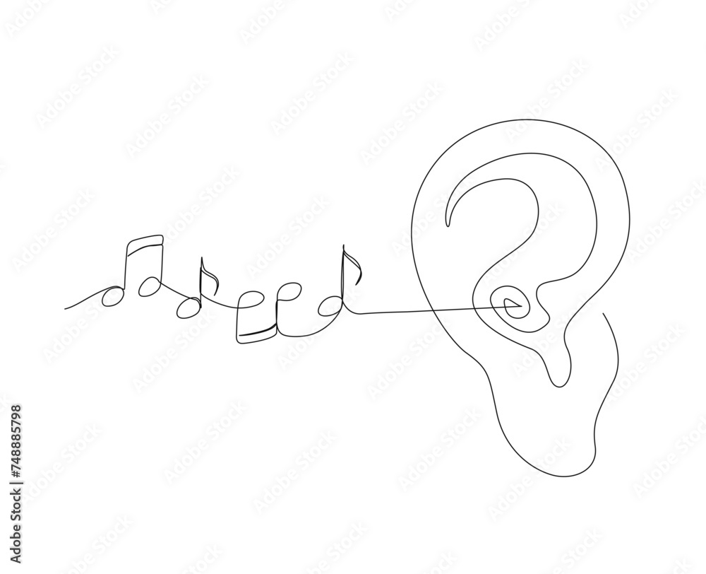 Vecteur Stock Continuous line art drawing of human ear with music notes ...