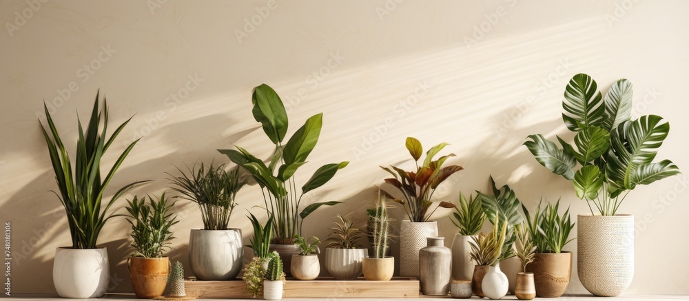 Several potted plants are neatly arranged on a shelf, adding a touch of ...