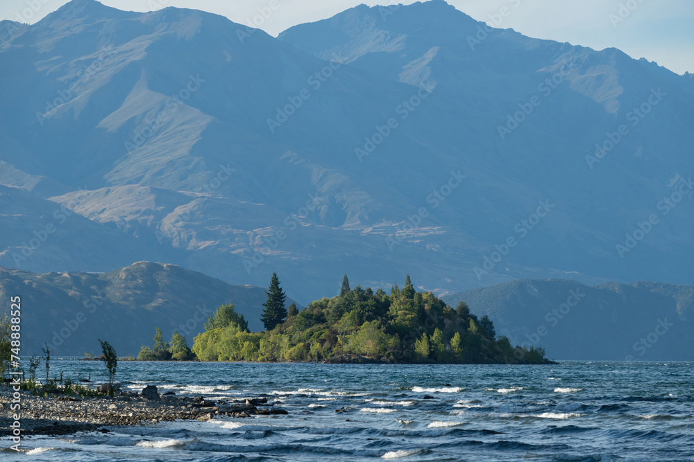 An isolated small island, Ruby Island, on Lake Wanaka filled with dense ...