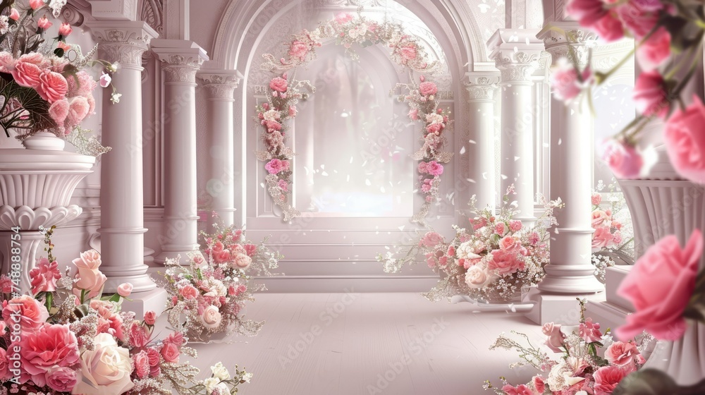 wedding background illustration of dreammy pink hall with pillars and ...