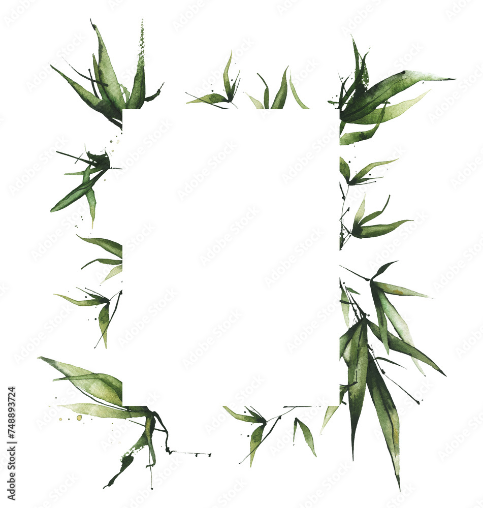 Watercolor greenery bamboo vertical rectangular frame. Green exotic ...