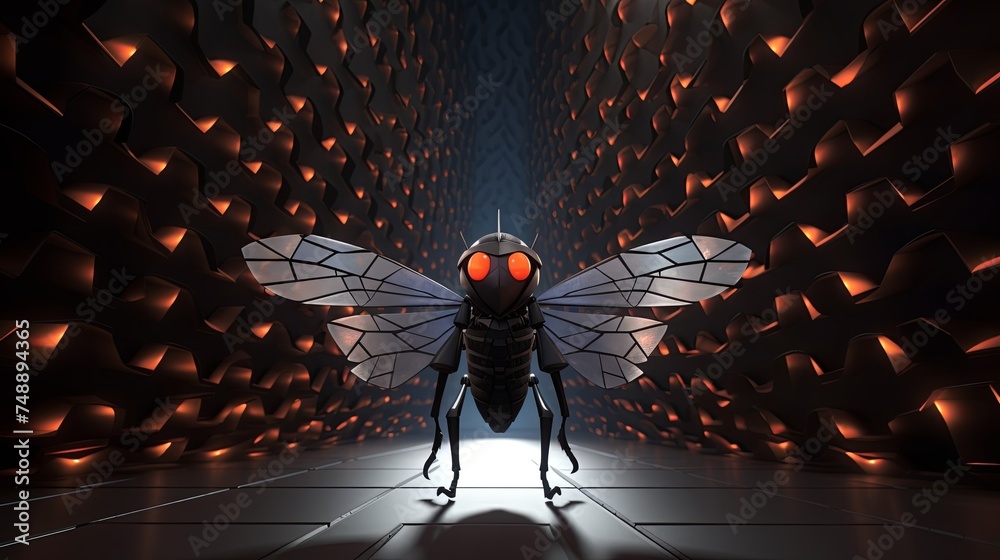A 3Danimated spy fly navigating through shadowy backdrops its wings ...