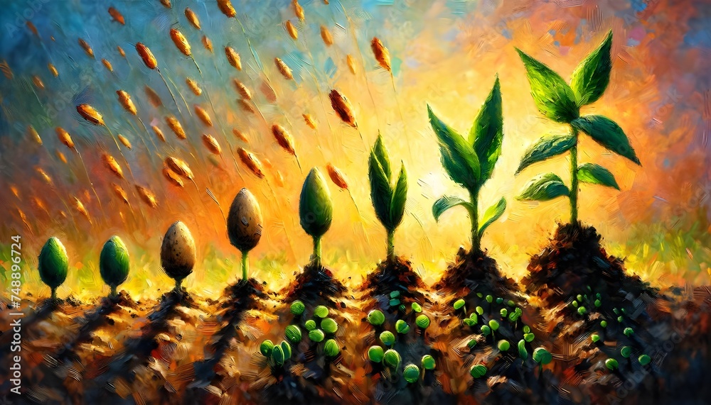 The image is a vibrant painting of seedlings sprouting from the soil ...