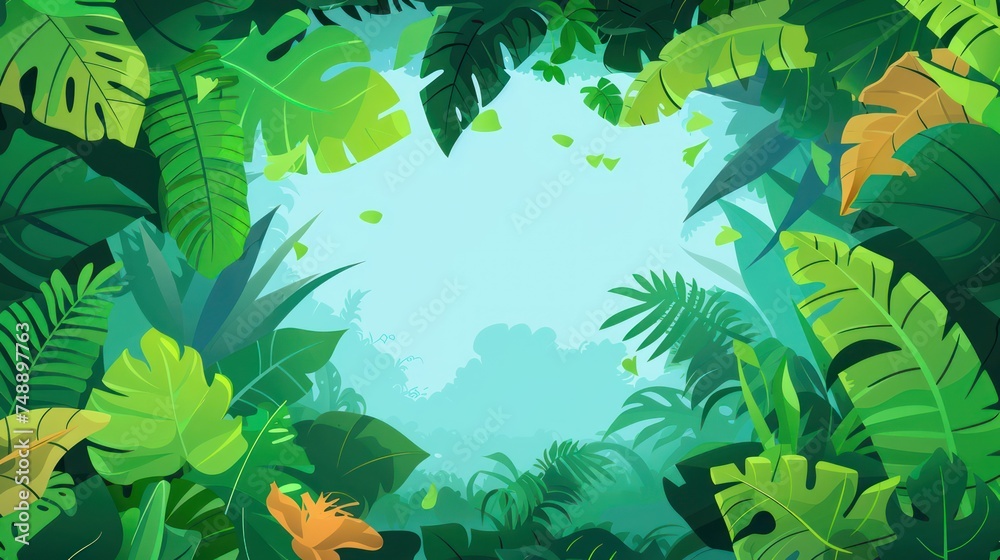 Cartoon illustration of a vibrant jungle scene with an array of ...