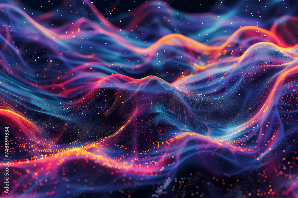 Abstract art of dots and lines representing binary data flow, merging ...